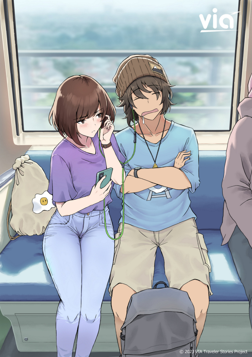 Safebooru - 1boy 1girl 1other aldo (yudhacakranidji) backpack bag black hair blue pants blue ...