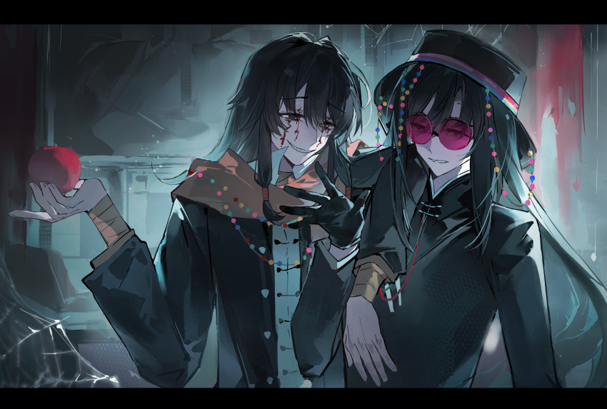 Safebooru - 2boys absurdres apple arm on another's shoulder bandaged arm bandages beads black ...