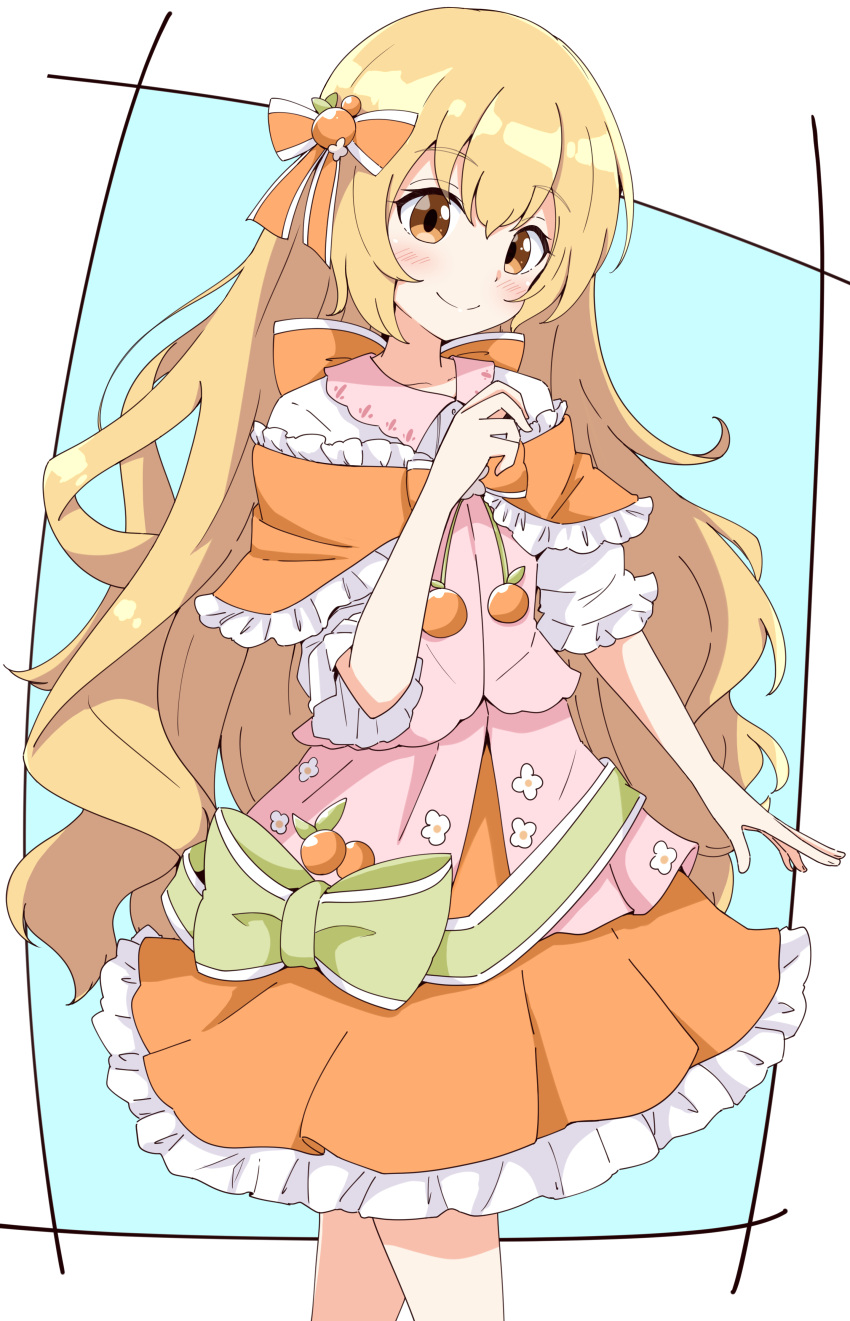 Safebooru - 1girl absurdres aikawa ryou blonde hair blue background blush bow brown eyes closed ...