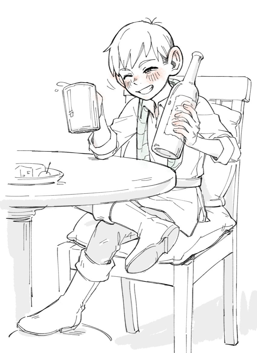 Safebooru - 1boy alcohol beer mug blush boots bottle chair chilchuck ...