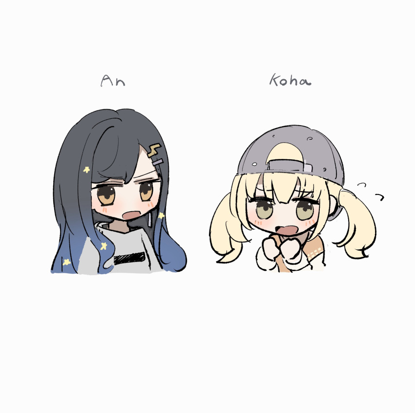 Safebooru - 2girls azusawa kohane backwards hat baseball cap black hair blonde hair blue hair ...
