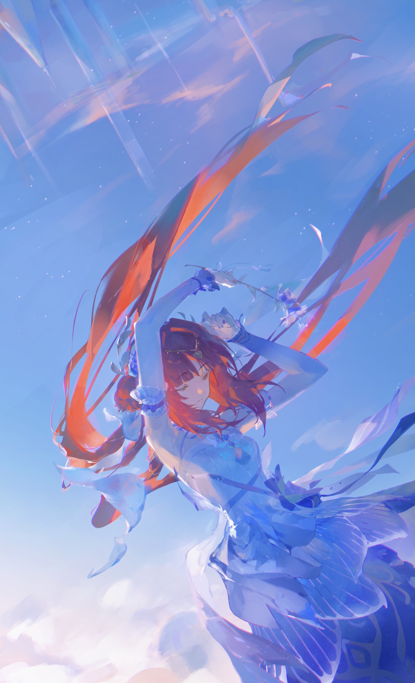Safebooru - 1girl a ji absurdres arms up backlighting blue sky blunt bangs chinese commentary ...