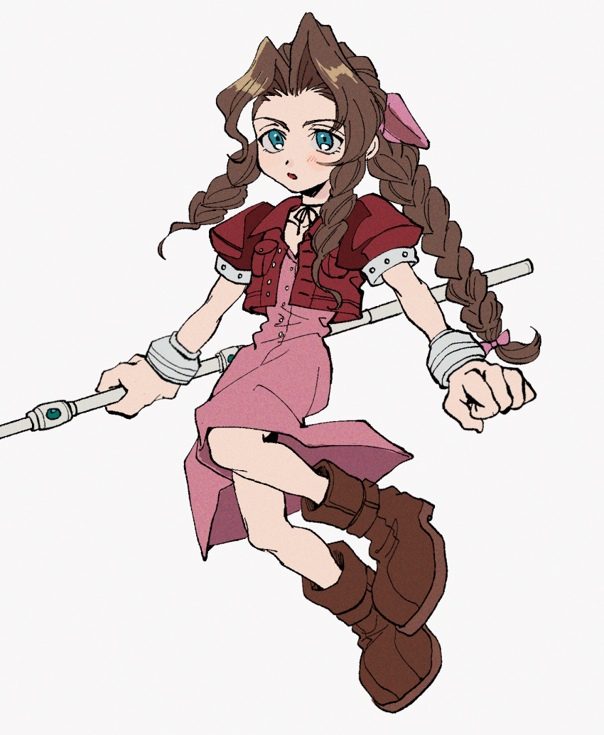 Safebooru - 1girl :o aerith gainsborough bangle blue eyes bracelet braid braided ponytail brown ...