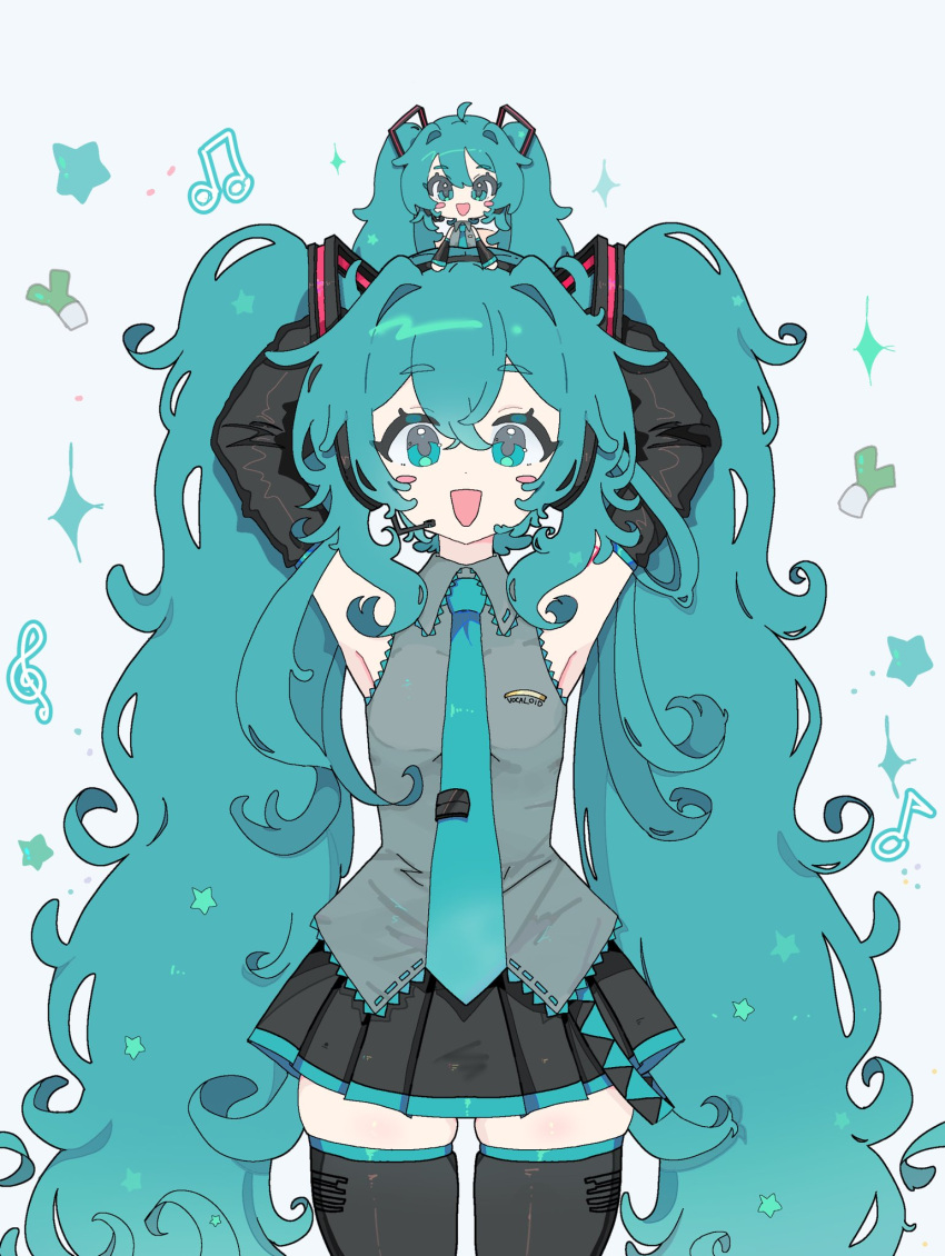 Safebooru - 1girl :d aqua eyes aqua hair aqua necktie arm up black skirt black sleeves black ...