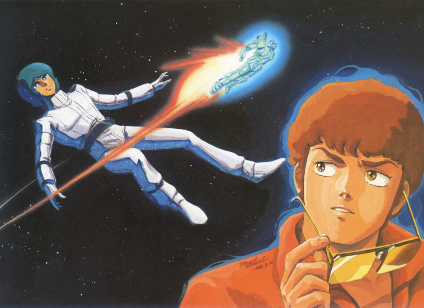 Safebooru - 1980s (style) 1985 2boys amuro ray blue hair boots brown ...