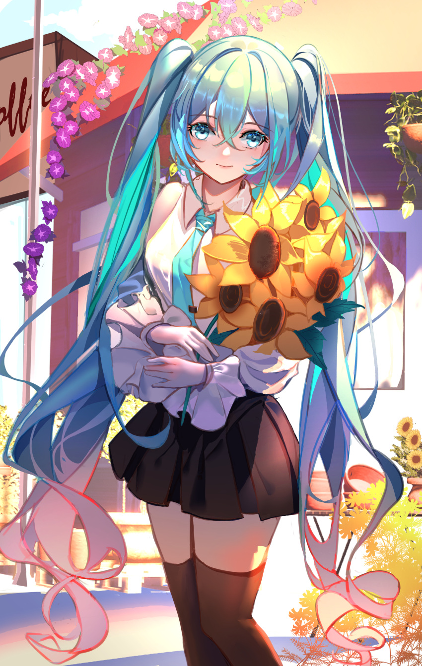 Safebooru - 1girl absurdres aqua eyes aqua hair aqua necktie black skirt black thighhighs ...