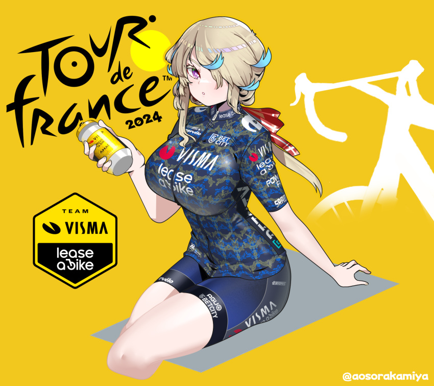 Safebooru - 1girl aosora kamiya bike jersey bike shorts blonde hair drink highres holding ...