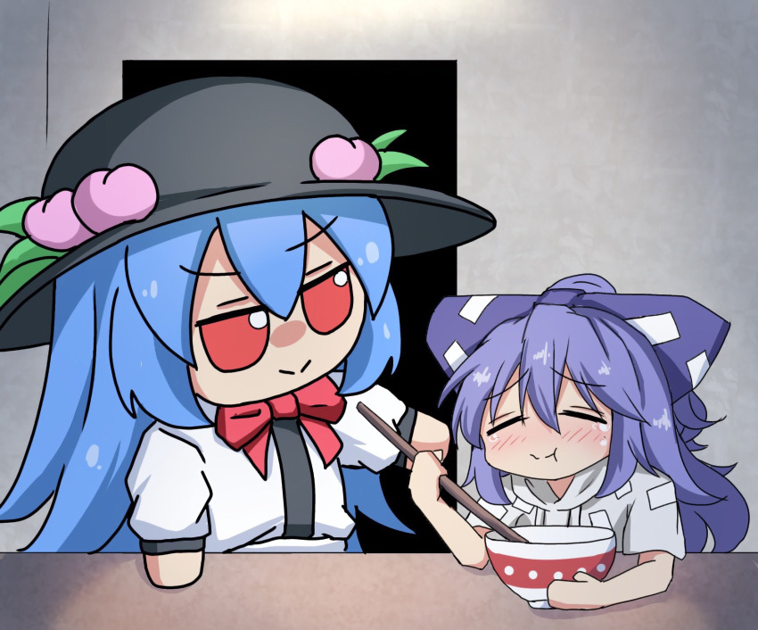 Safebooru - 2girls black hat blank room soup blue bow blue hair bow ...