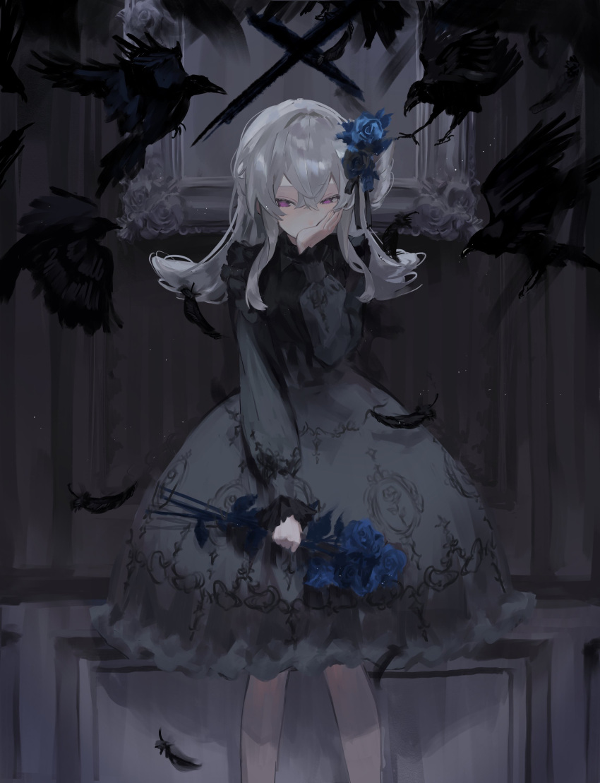 Safebooru - 1girl absurdres bird black dress black feathers black flower black ribbon black rose ...