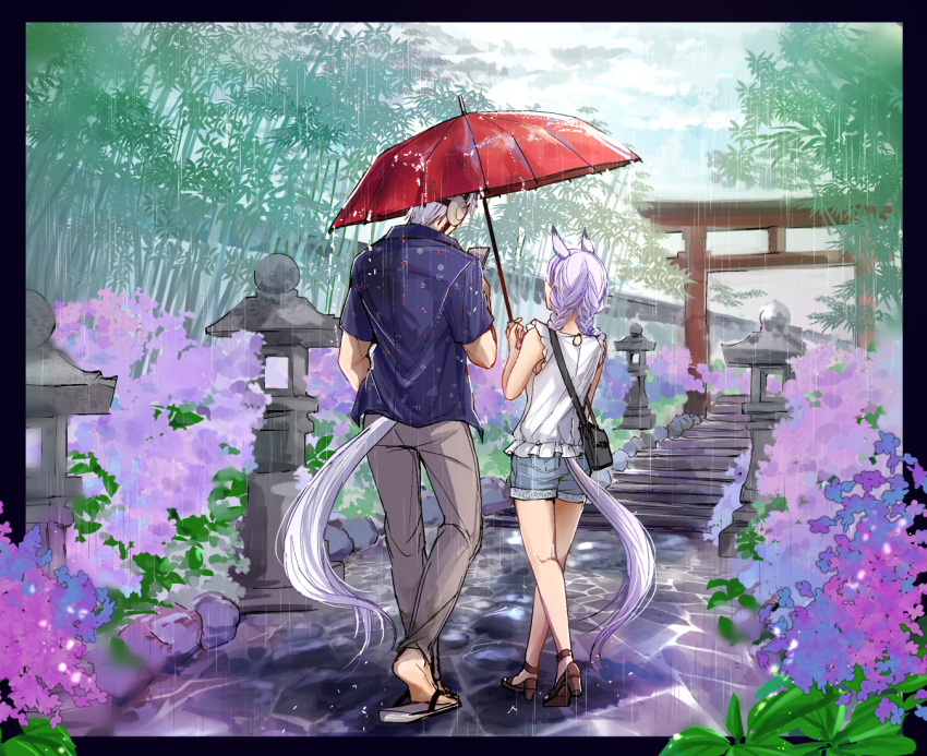 Safebooru - 1boy 1girl alternate hairstyle animal ears aqua shorts bag bamboo bamboo forest ...