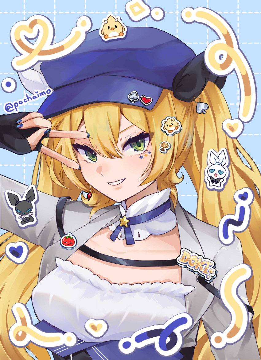 Safebooru - 1girl absurdres beret blonde hair blue hat blue nails bow character name collar ...