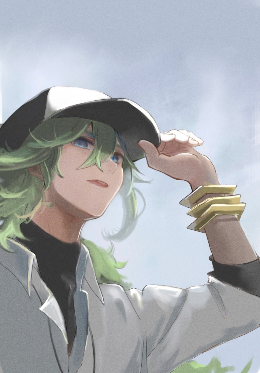 Safebooru - 1boy adjusting clothes adjusting headwear baseball cap black hat black undershirt ...