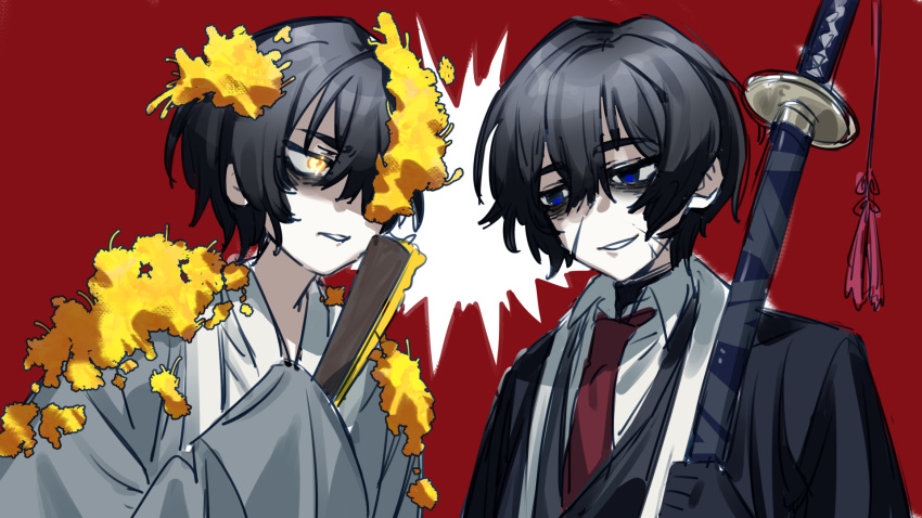 Safebooru - 2boys akantai black coat black gloves black hair blade ...