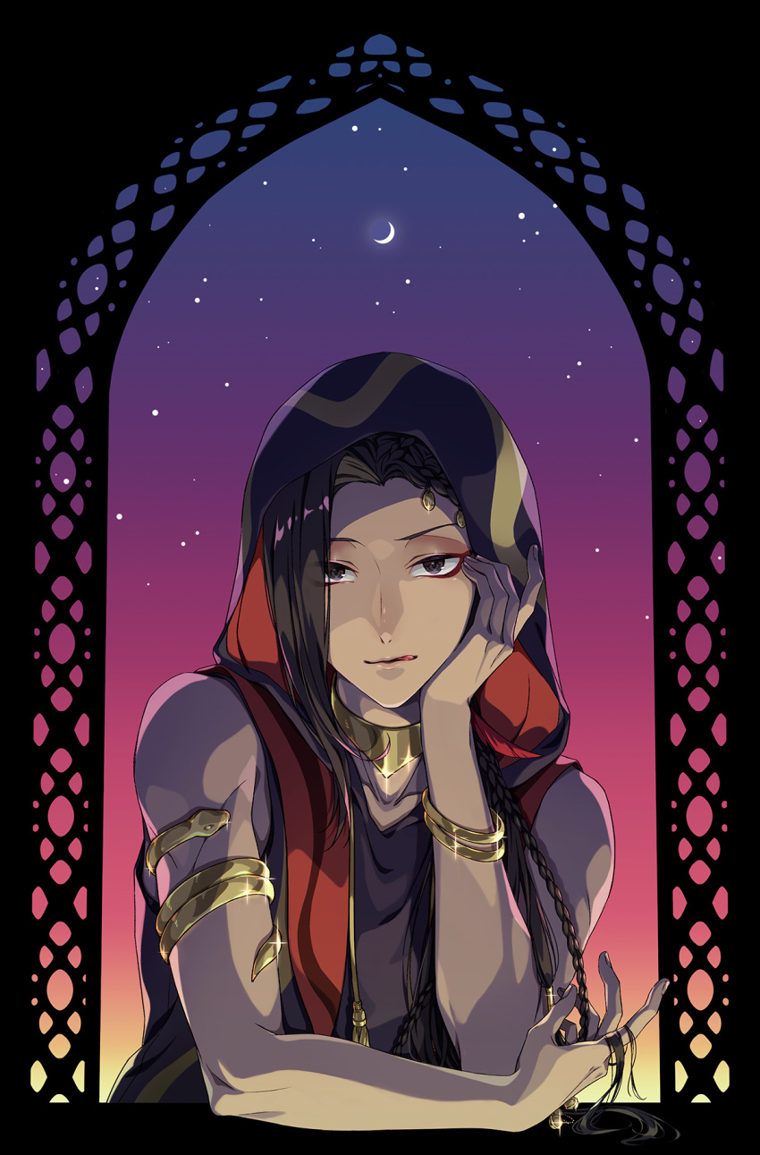 Safebooru - 1boy armlet bishounen braid brown hair crescent moon dark-skinned male dark skin ...