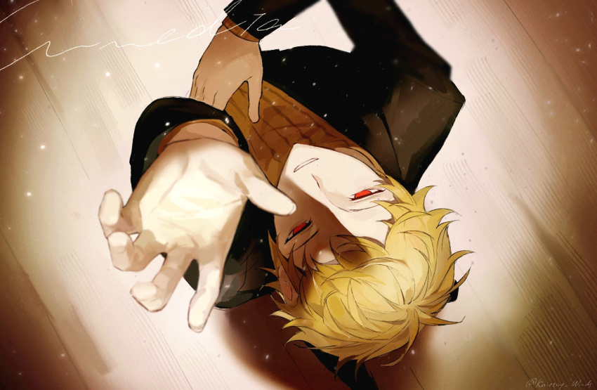 Safebooru - 1boy arm up atou haruki black jacket blonde hair brown sweater chinese commentary ...