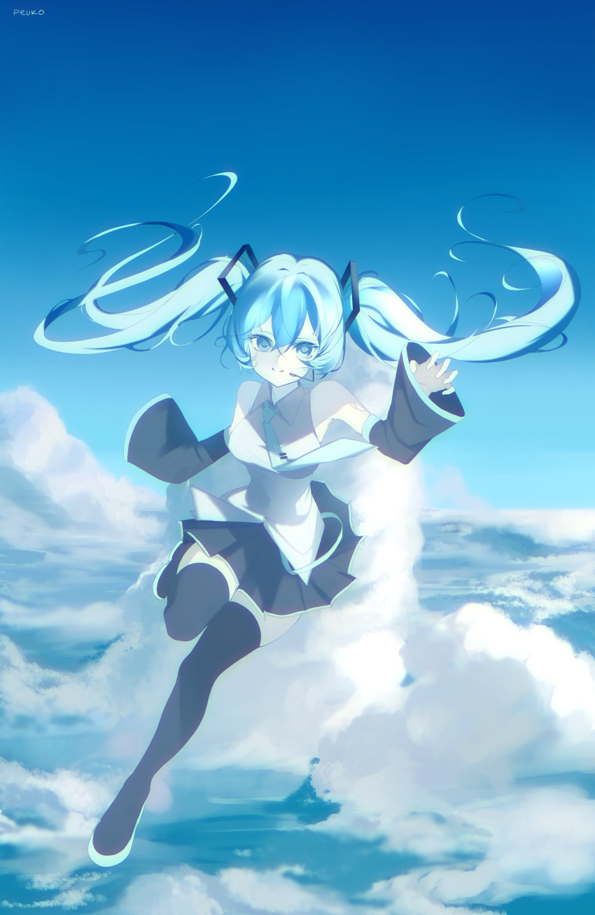 Safebooru - 1girl absurdres aqua eyes aqua hair aqua necktie bare shoulders black skirt black ...