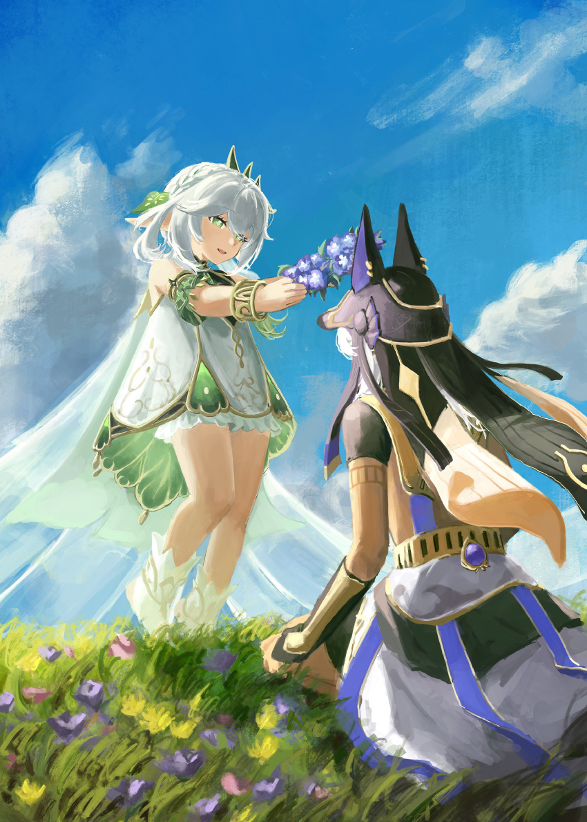 Safebooru - 1boy 1girl absurdres animal ear hood back bare legs bare shoulders blue sky clouds ...