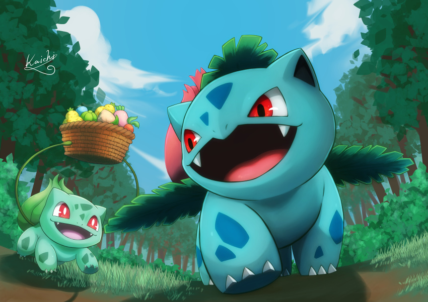 Safebooru - :d absurdres basket berry (pokemon) bulbasaur claws clouds ...