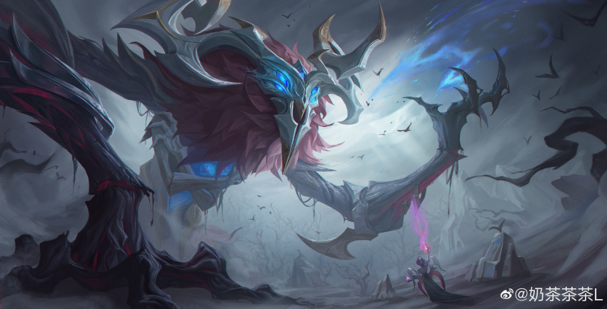 Safebooru - 1girl 1other absurdres arm up artist name bird branch clouds cloudy sky coven ...