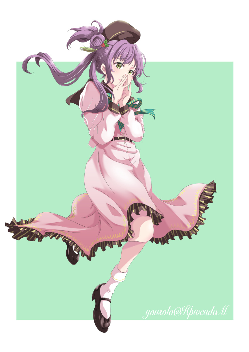 Safebooru - 1girl absurdres artist name beret black footwear border brown hat closed mouth coat ...