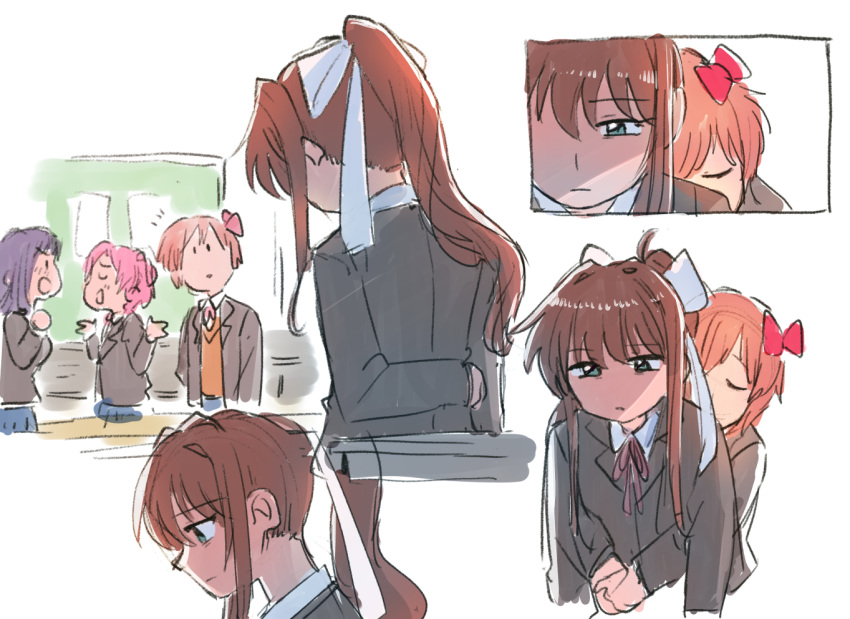 Safebooru - 4girls arm behind back bow brown hair brown jacket doki ...