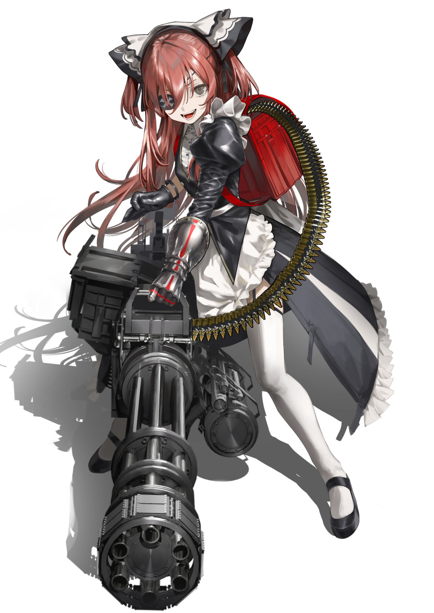 Safebooru - 1girl absurdres apron eyepatch gatling gun grey eyes gun ...