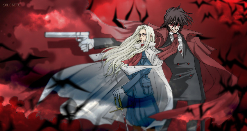 Safebooru - 1boy 1girl alucard (hellsing) artist name ascot baggy shorts bat (animal) black coat ...