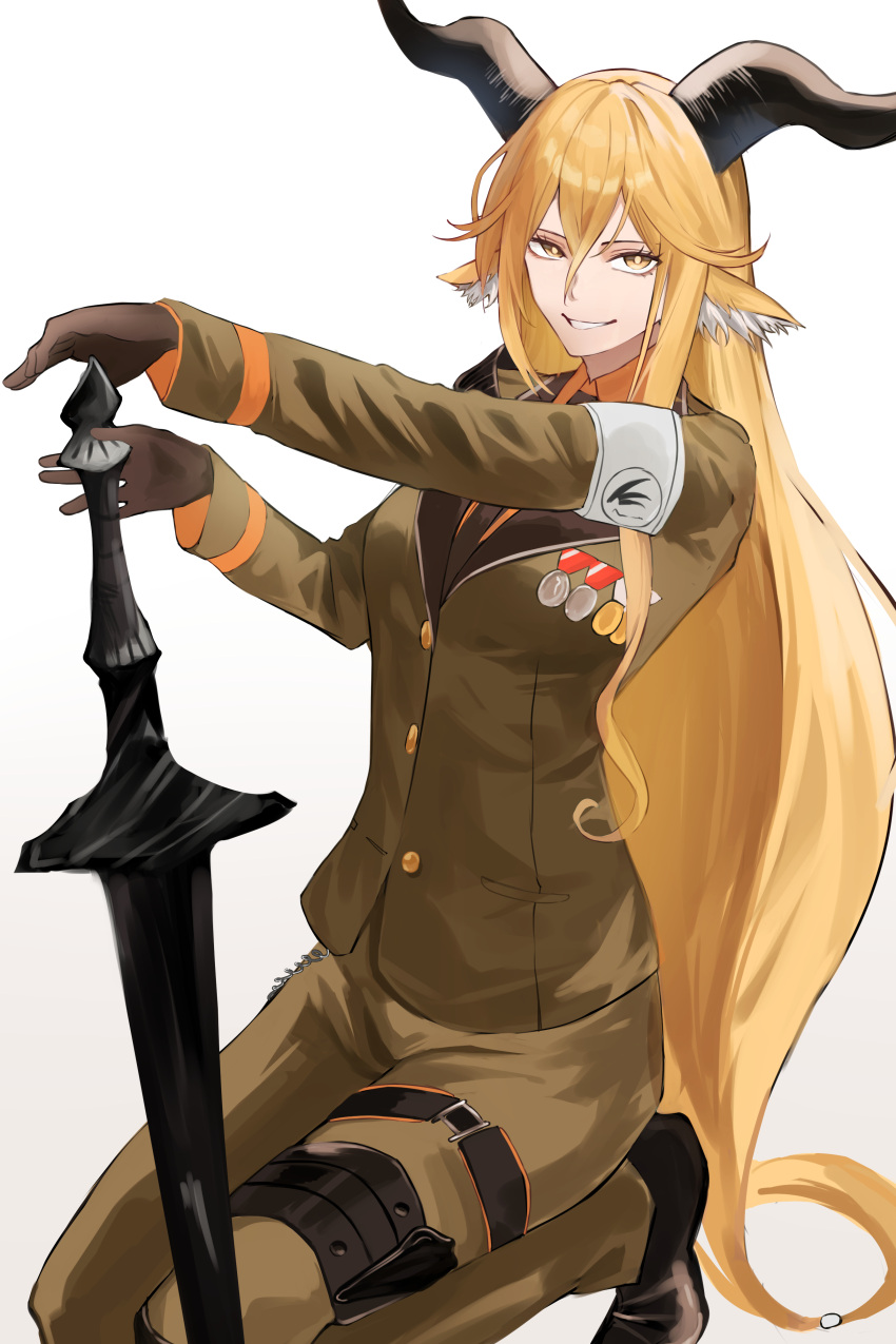 Safebooru - 1girl absurdres animal ears arknights armband black horns blonde hair brown gloves ...