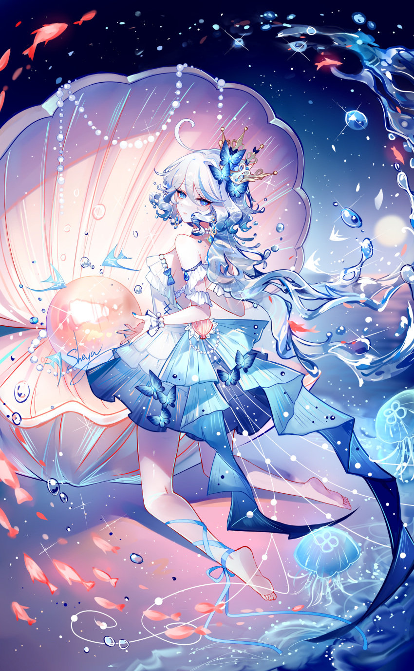 Safebooru - 1girl absurdres ahoge alternate costume bare shoulders barefoot blue background blue ...