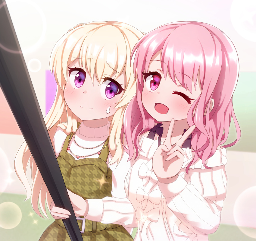Safebooru - 2girls ;d absurdres bang dream! bare shoulders blonde hair blush closed mouth ...