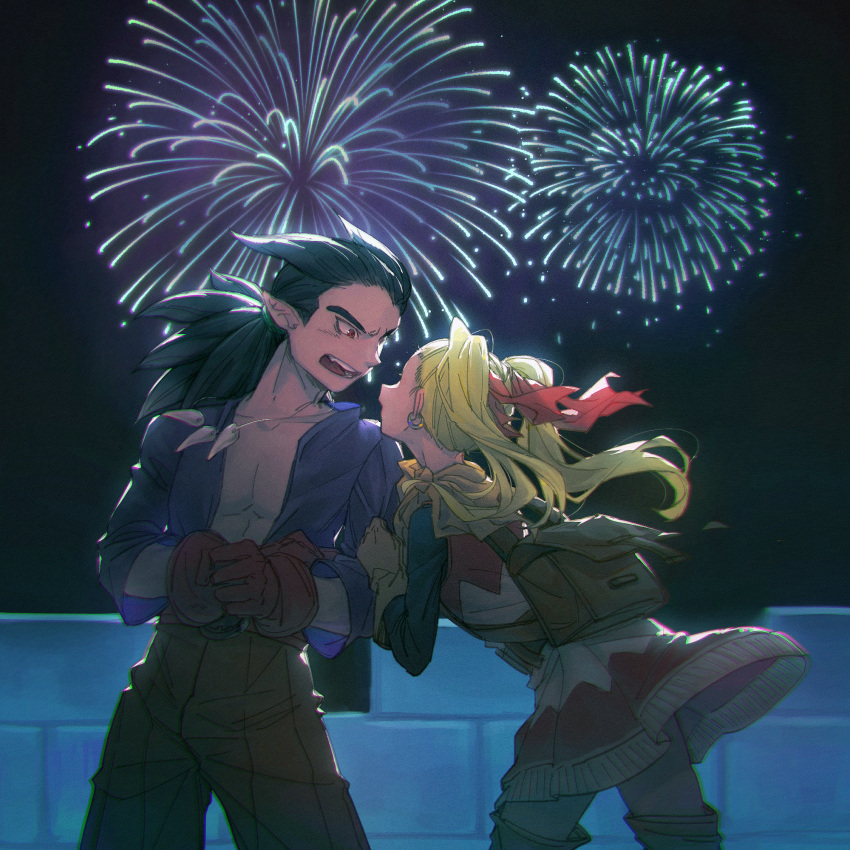 Safebooru - 1boy 1girl arguing black sleeves blonde hair bone necklace ...