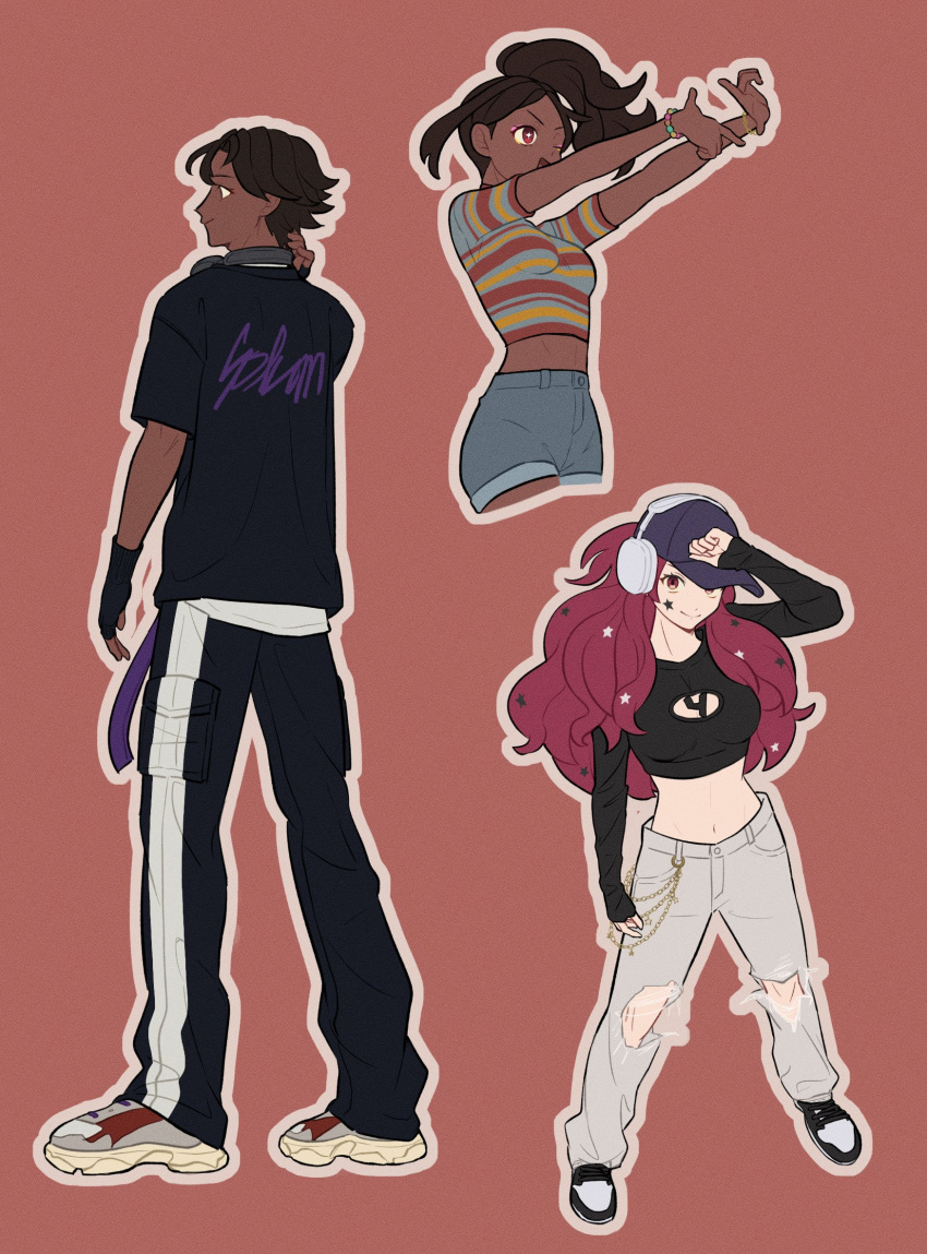 Safebooru - 1boy 2girls baseball cap crop top dark-skinned female dark ...