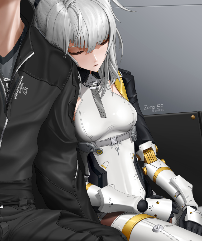 Safebooru - 1boy 1girl absurdres artist name black jacket black sleeves bodysuit breasts closed ...