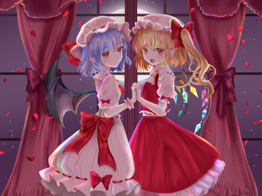 Safebooru - 2girls absurdres bat wings blonde hair blue hair closed mouth cowboy shot crystal ...