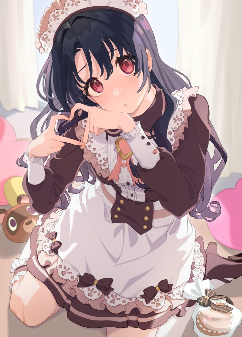 Safebooru - 1girl 4-fingers heart hands absurdres alternate costume apron black hair blush brown ...