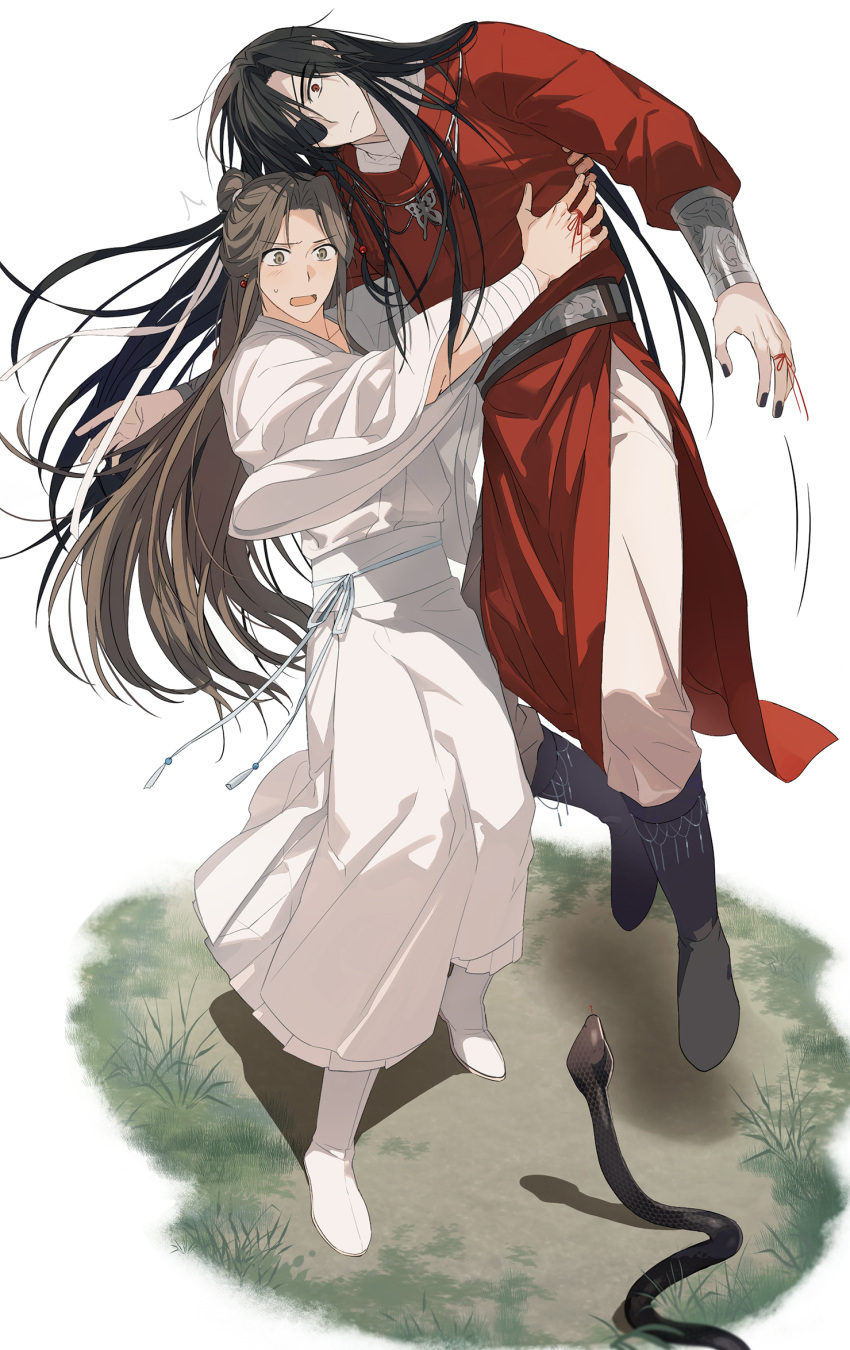 Safebooru - 2boys bandaged arm bandaged neck bandages bishounen black hair black nails brown ...