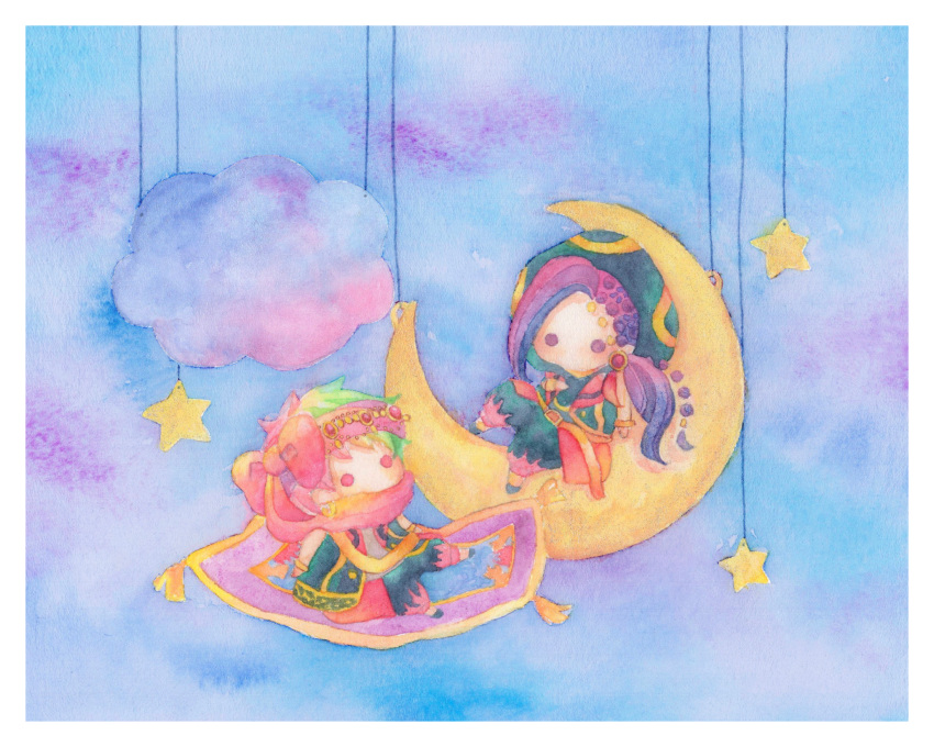 Safebooru - 2boys absurdres arabian clothes chibi clouds crescent moon ...