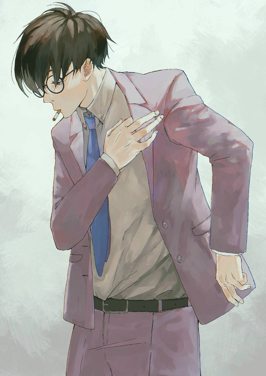 Safebooru - 1boy belt black-framed eyewear black hair blue necktie cigarette glasses grey pants ...