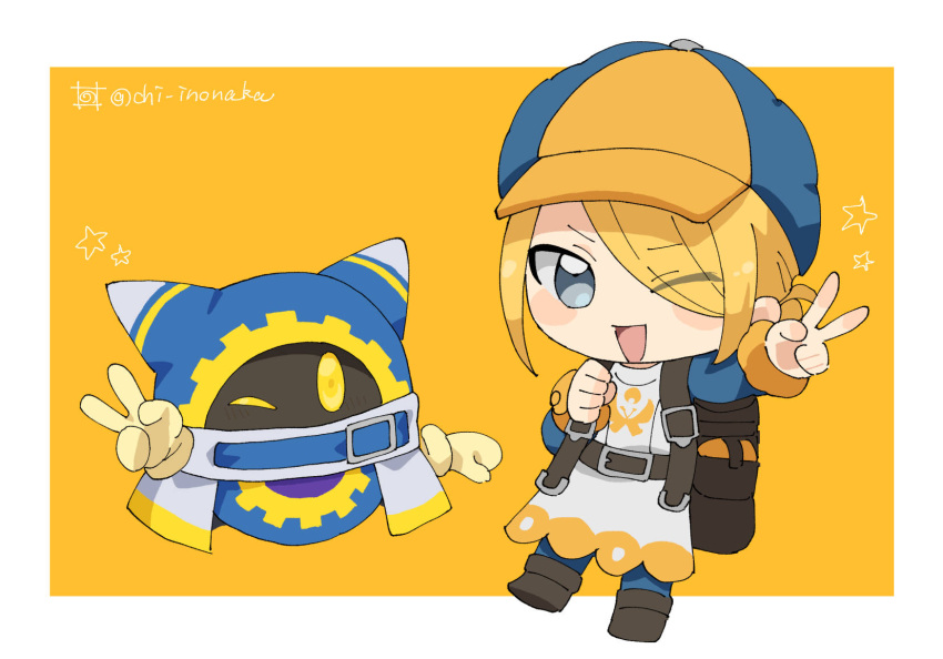 Safebooru - 1boy ;d backpack bag belt blonde hair blue jumpsuit blush stickers boots brown bag ...