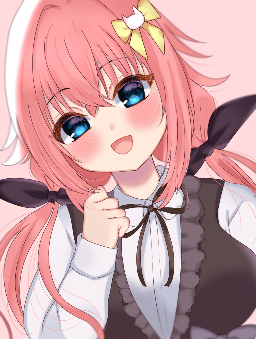 Safebooru - 19i78 1girl :d absurdres black ribbon blue eyes blush bow cat hair ornament clenched ...