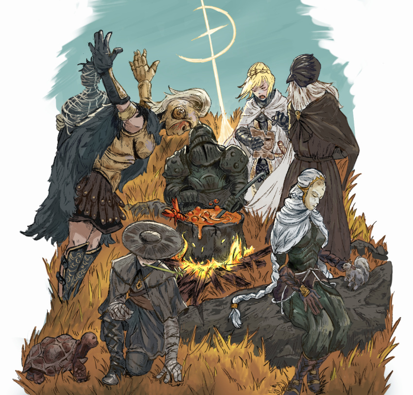 Safebooru - 2girls 5boys animal armor bandaged arm bandages black cloak ...