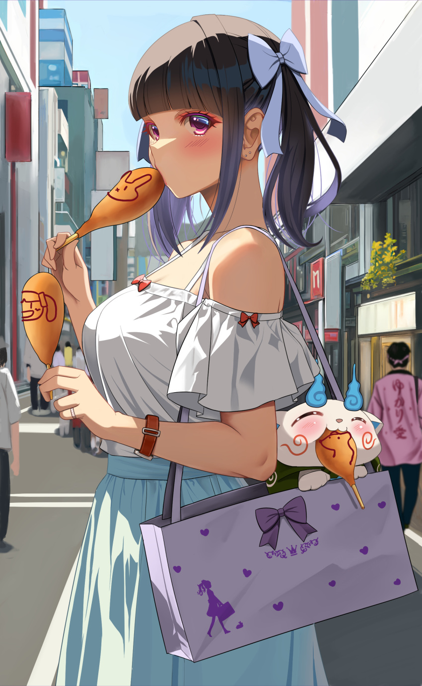 Safebooru - 1girl 2boys absurdres akihiro0920 bag black hair blue skirt blue sky blunt bangs ...