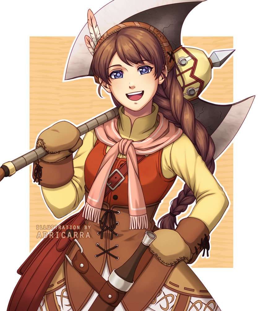 Safebooru - 1girl :d adricarra artist name axe battle axe blue eyes ...