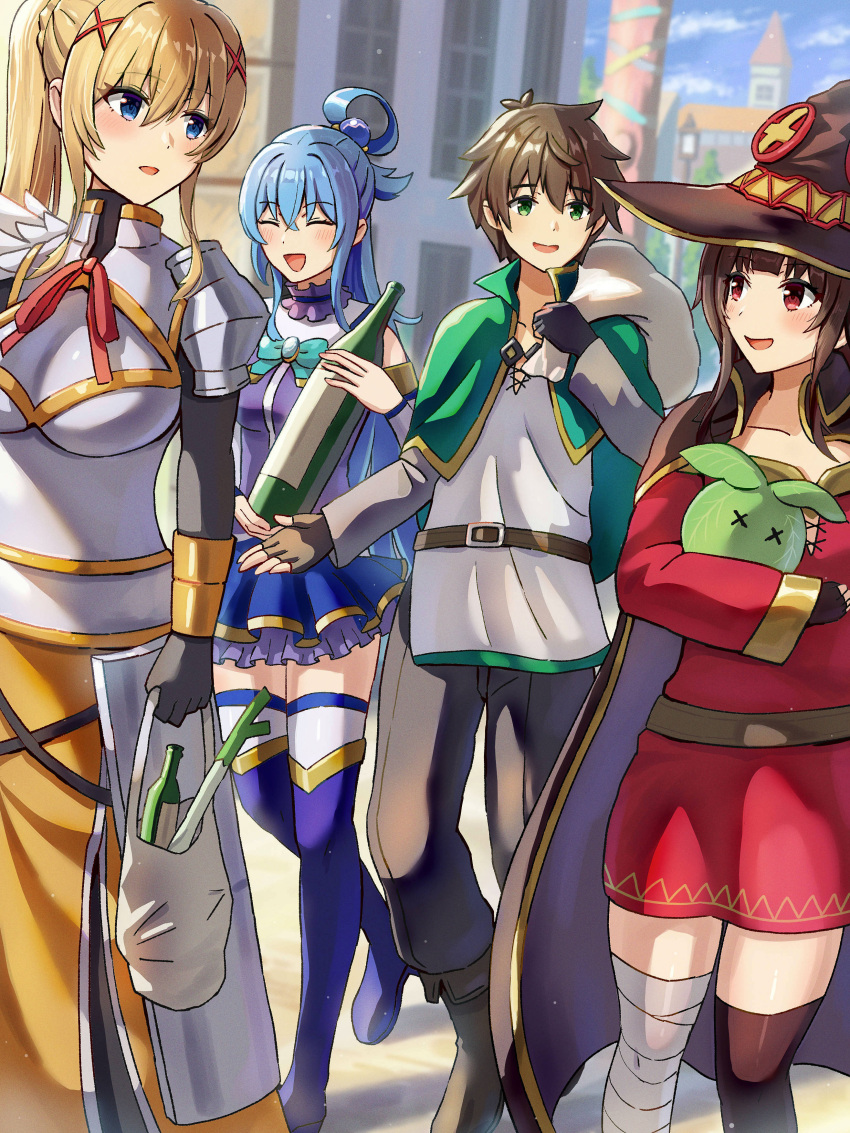 Safebooru - 1boy 3girls :d absurdres aqua (konosuba) aqua bow aqua bowtie armor asymmetrical ...