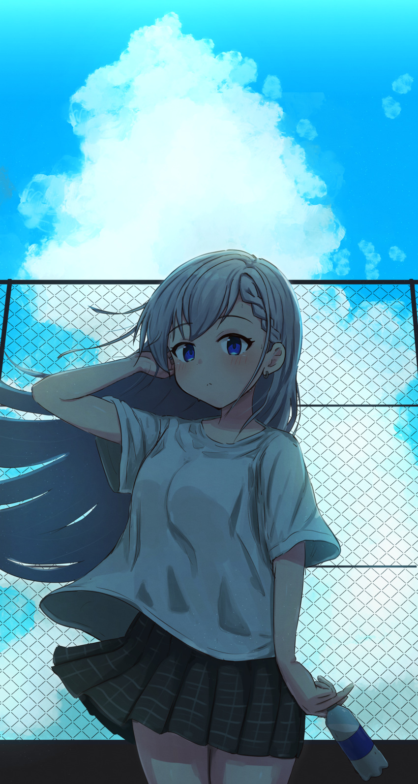 Safebooru - 1girl absurdres asymmetrical bangs black skirt blue sky blush bottle braid braided ...