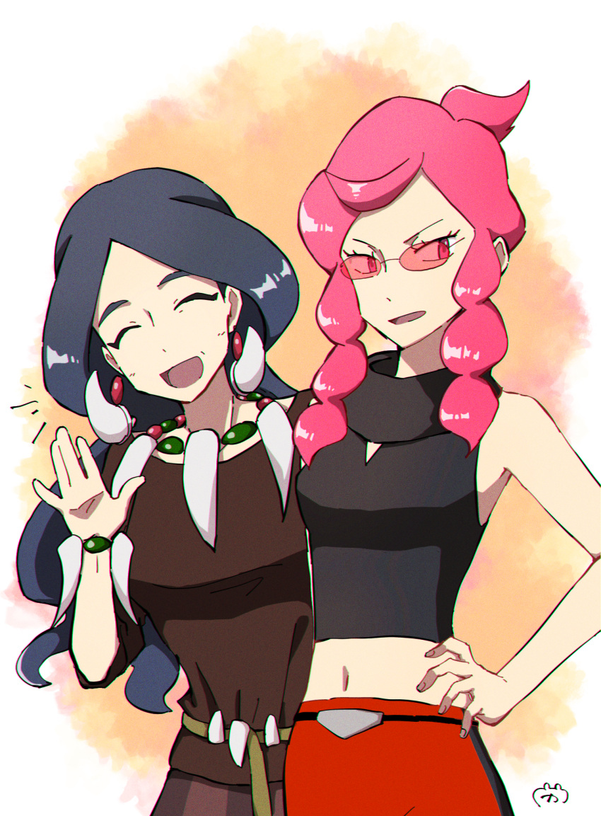 Safebooru - 2girls black hair closed eyes drasna (pokemon) hand on own ...