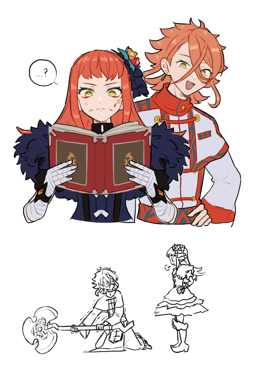 Safebooru - ...? 1boy 1girl absurdres antenna hair aqua eyeshadow axe bandaged arm bandaged hand ...