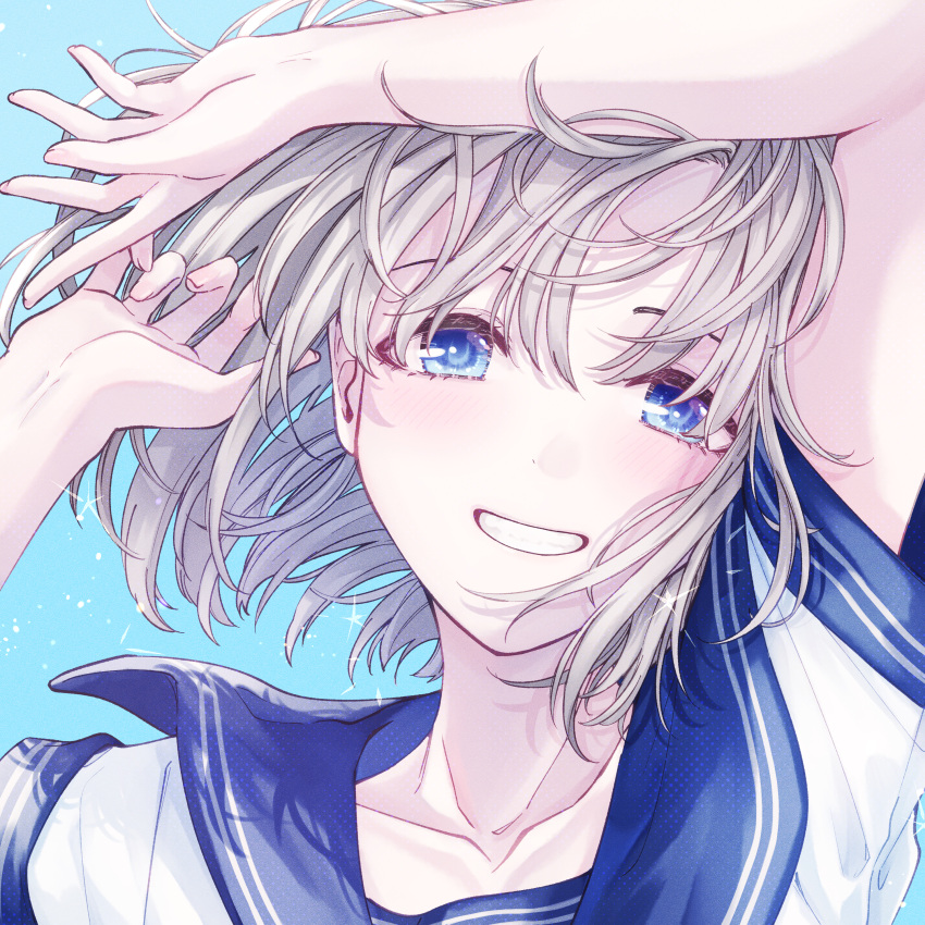 Safebooru - 1girl absurdres arm up blue background blue eyes blue sailor collar blush collarbone ...