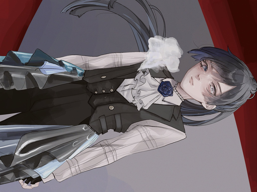 Safebooru - 1girl ado (utaite) aegyo sal ascot black gloves black hair black pants blue eyes ...