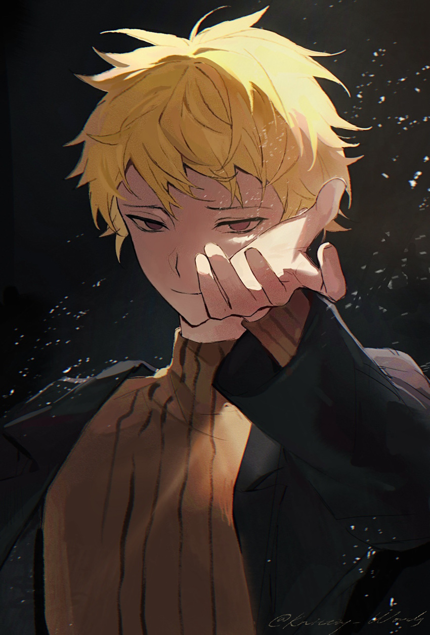 Safebooru - 1boy atou haruki black jacket blonde hair brown sweater chinese commentary closed ...